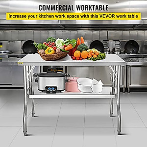 VEVOR Commercial Worktable Workstation 48 x 24 Inch Folding Commercial Prep Table, Heavy-duty Stainless Steel Folding Table with 772 lbs Load, Kitchen Work Table, Silver Stainless Steel Kitchen Island