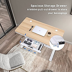 FARRAY Electric Standing Desk with Drawer, 45 x 24 Inch Adjustable Height Desk with Power Strip & USB Ports, One-Piece Top Stand Up Desk, Modern Sit Stand Desk (Oak Top + White Frame)