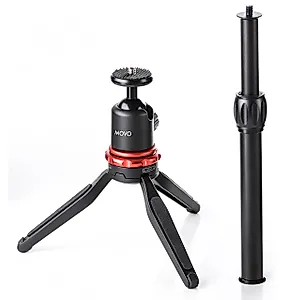 Movo Universal Mini Camera Tripod with Extendable Pole (MV-T1) Adjustable Head, Heavy-Duty Aluminum Travel Stand for DSLR, Mirrorless, GoPro, Smartphones, Compact, Portable