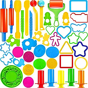 Joyin 44 Pieces Play Dough Accessories Set for Kids, Playdough Tools with Various Plastic Molds, Rolling Pins, Cutters