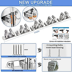 Broom Mop Holder Wall Mount - 5 Racks 4 Hooks Broom Organizer Wall Mount, Tool Racks, Stainless Steel Heavy Duty Hooks Self Adhesive Solid Non-slip for Home Kitchen Garden Laundry Garage