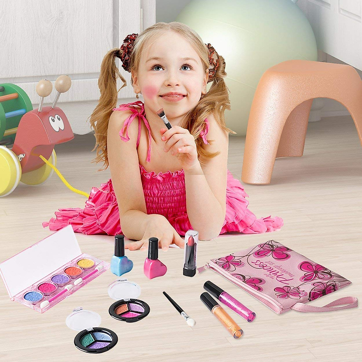 Playkidz Real Washable Play Make Up Set for Princess - Kids Makeup Kit for Girls Non Toxic - Full Makeup Dress Up Set with Bag. (11 PC)
