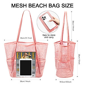 Ayieyill Mesh Beach Tote Large Bag Womens Shoulder Handbag with Multiple Pockets for Women Family Beach Pool Swimming Travel Vacation (M/Pink)
