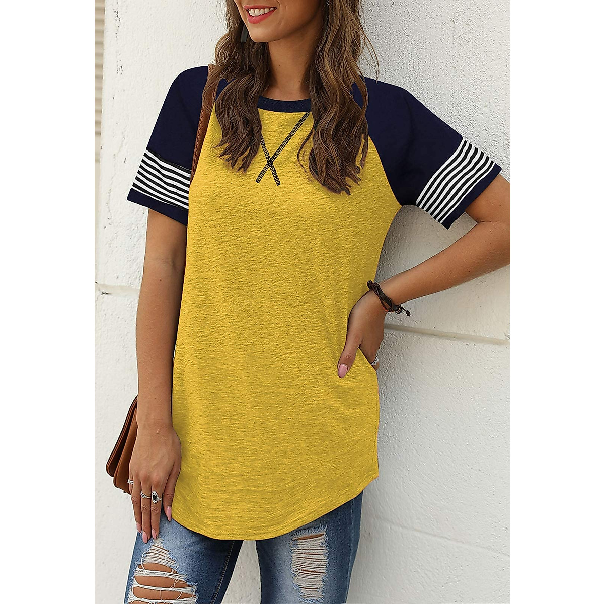 Adibosy Women Summer Casual Shirts: Short Sleeve Striped Tunic Tops - Womens Color Block Tee Tshirt Blouses Yellow L