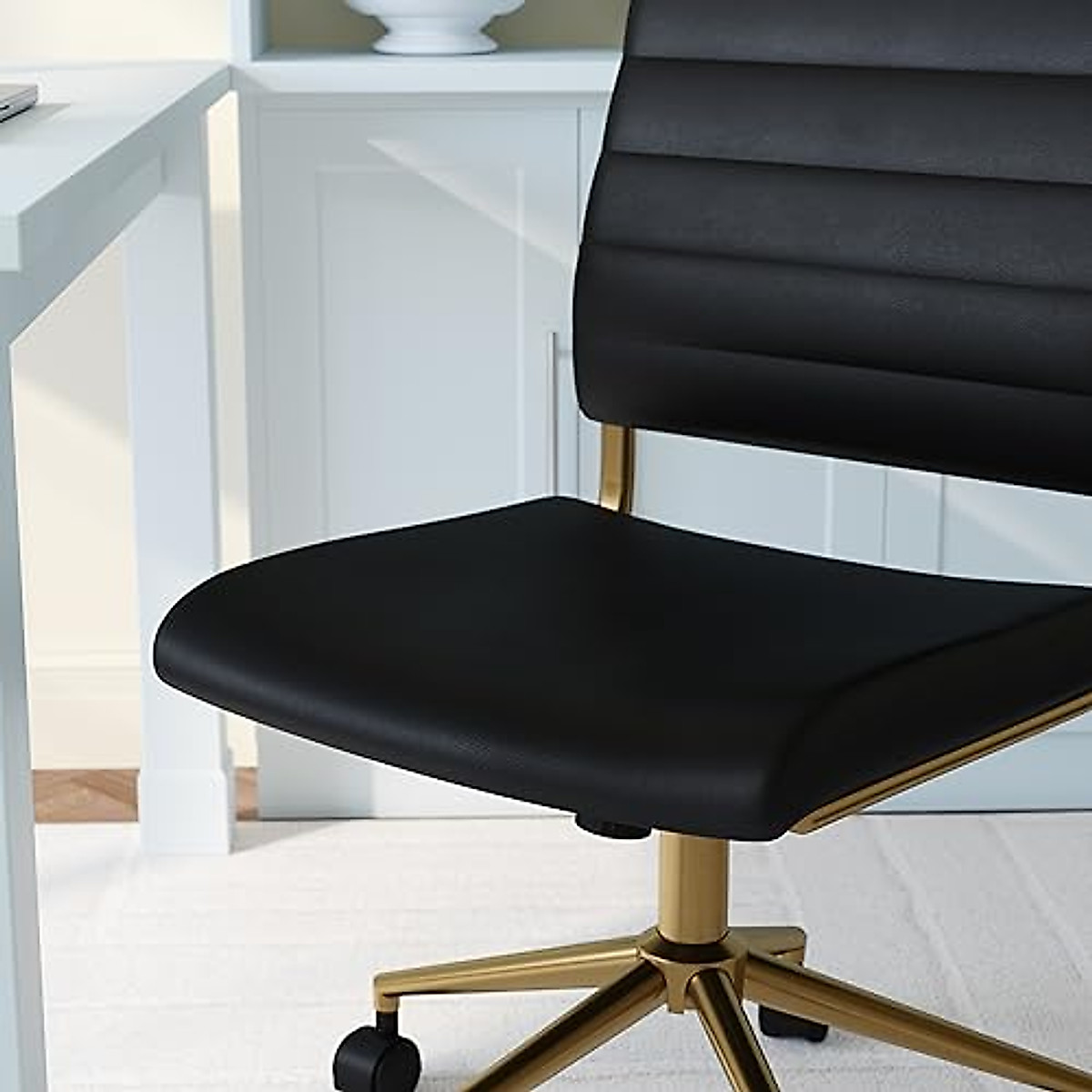 Martha Stewart Ivy Armless Swivel Task Chair for Home Office in Black Faux Leather with Polished Brass Frame