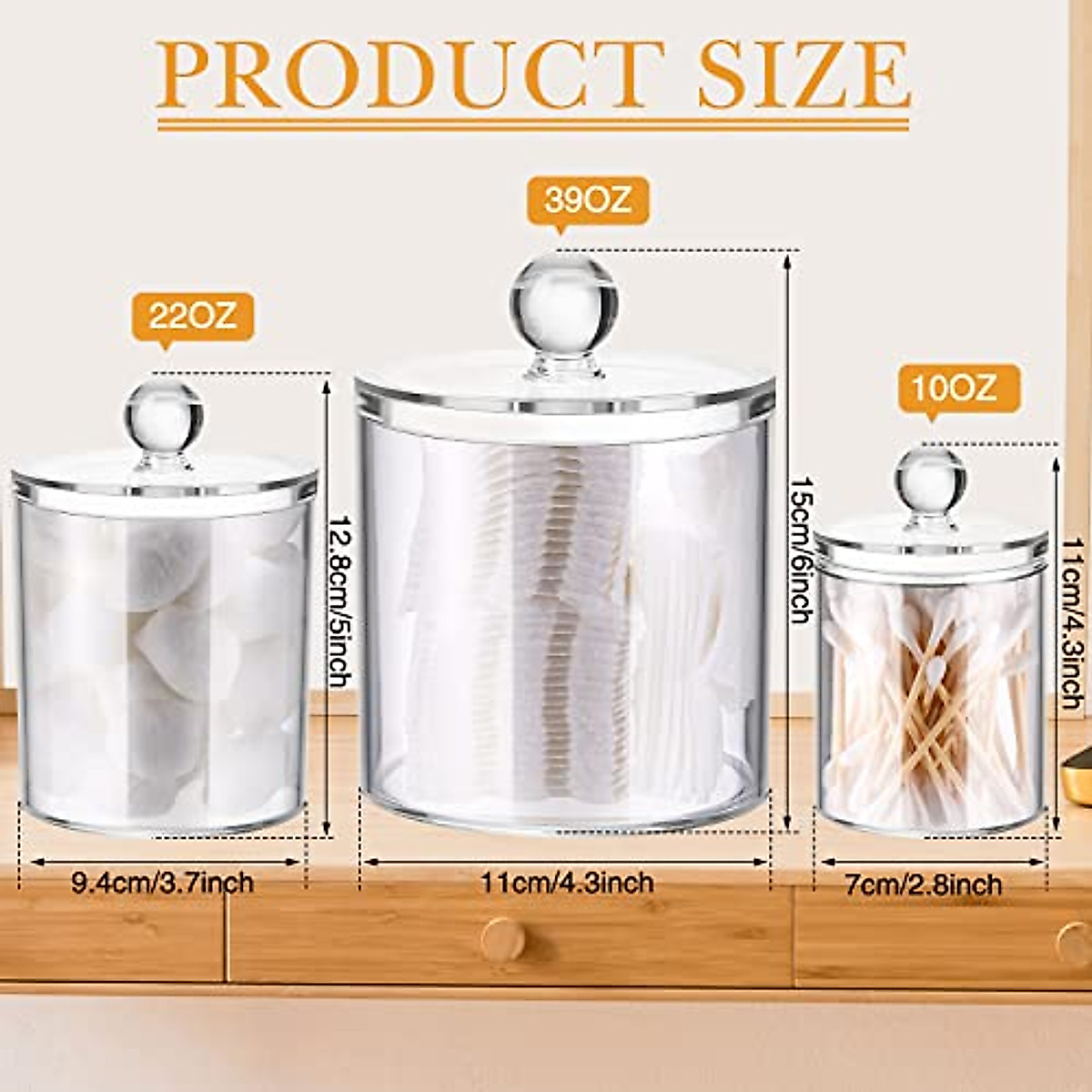 9 Pack Acrylic Holder Dispenser Plastic Apothecary Jars with Lids for Cotton Ball, 10/22/39 oz Clear Plastic Storage Jars Floss Holder Container Bathroom Canisters for Cotton Swab Bathroom, 3 Sizes