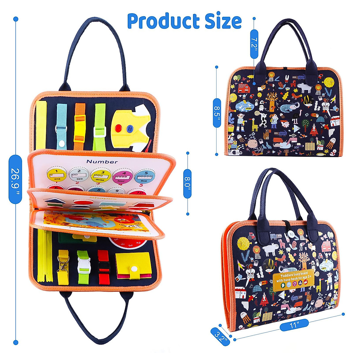 Kerarme Toddler Busy Board, Montessori Toys Busy Book for 1 2 3 4 5 Year Old Toddlers Preschool Learning Activities with Alphabet Numbe, Travel Toys Gifts for Plane Car with Life Skills (Black/3P)