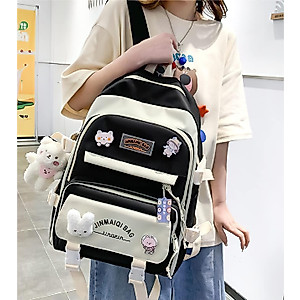 LaurelTree Kawaii Aesthetic Cute 5pcs School Bags Set with Accessories School Suppliers for Teens Girls Backpack Tote Bag (Black)