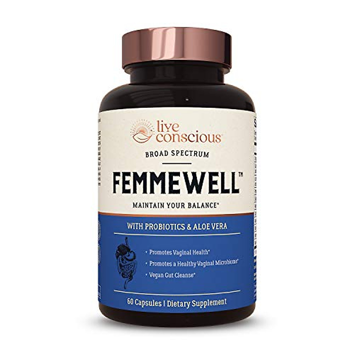 Live Conscious FemmeWell Women's Probiotics for Vaginal Health | Oregano Oil & Caprylic Acid with Lactobacillus & Digestive Enzymes 60 Capsules
