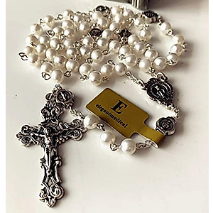 elegantmedical Handmade AAA 6MM Real Pearl Beads Catholic Our Lady Grace Rosary Cross Necklace Box Case Gifts (White)