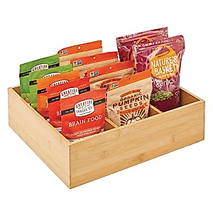mDesign Bamboo Kitchen Pantry Organizer Bin Box, 3 Sections - Wooden Stackable Basket Crates for Food, Produce, Vegetable Storage - Use on Shelves or in Closet, Echo Collection, 2 Pack - Natural/Tan
