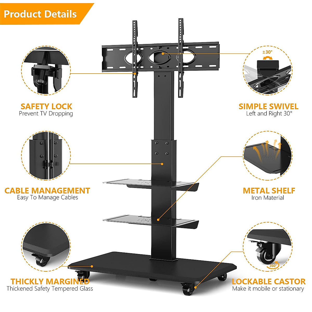 5Rcom Mobile TV Cart Portable TV Floor Stand Rolling with Wheels and Swivel Mount for 32 37 40 42 47 50 55 60 65 inch LED LCD Flat or Curved Screens TVs up to 110lbs Media Shelf Storage, Black