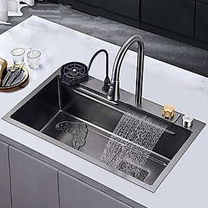 Ozetix Sink 304 Stainless Steel Nano Raindance Waterfall Sink Home Sink Vegetable Basin Single Sink Workstation Ozetix Sink With Pull-Out Faucet, Pressurized Cup Washer 68x45x20cm