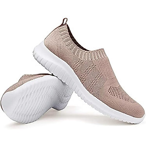 LANCROP Women's Lightweight Walking Shoes - Casual Breathable Mesh Slip On Sneakers Wide 9.5 US, Label 41 Apricot