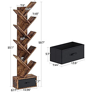 Rolanstar Bookshelf with Drawer, 9-Tier Tree Bookshelf, Wooden Bookshelves Storage Rack for CDs/Movies/Books, Rustic Brown Bookcase, Utility Organizer Shelves for Living Room, Bedroom, Home Office