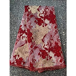 3 Yards African Lace Fabric French Beaded Sequins Lace,Net Tulle Fabric,Embroidered Fabric for Dress Guipure lace L03 (red)