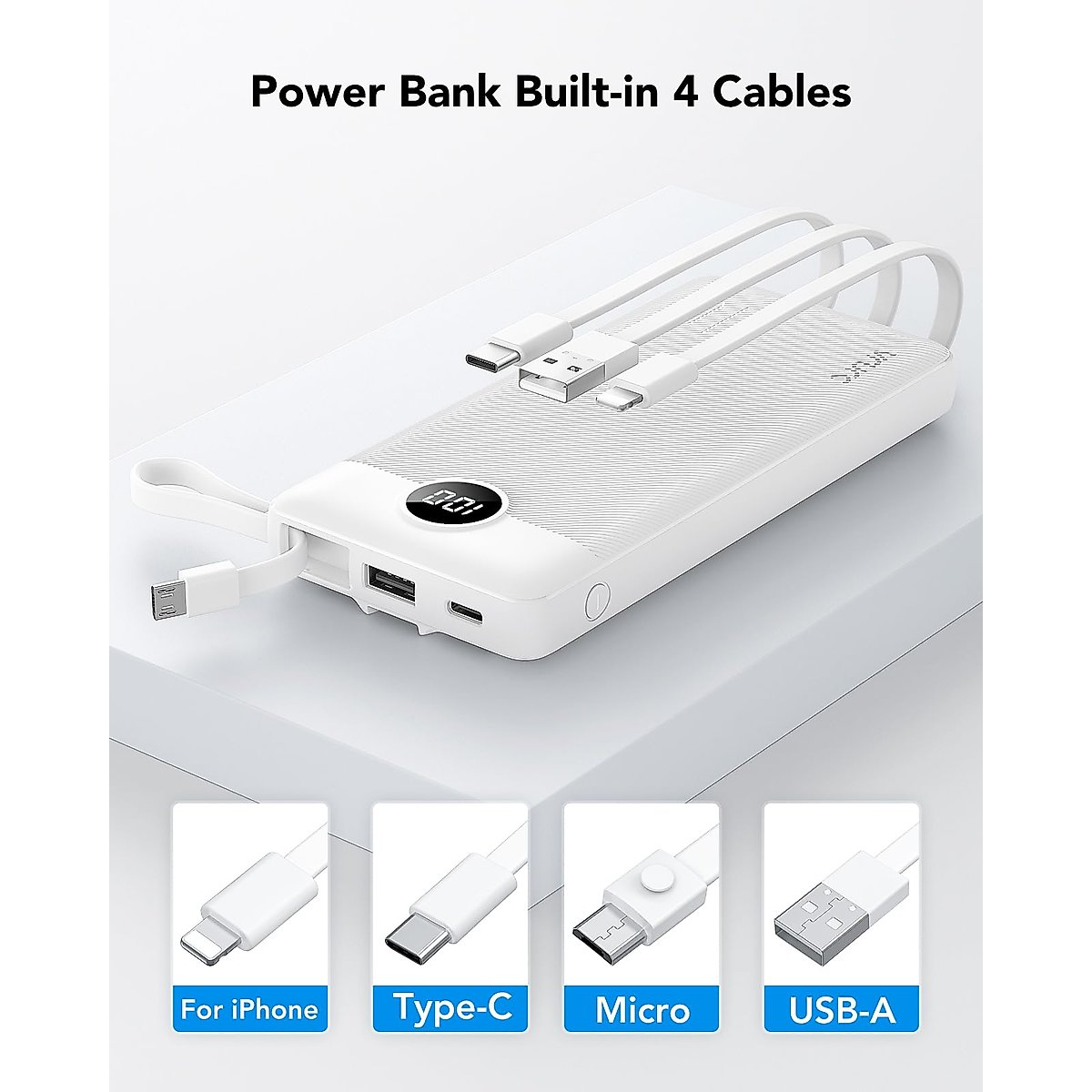 VRURC Portable Charger 10000mAh, Slim LED Display Power Bank, 5 Output 2 Input Cell Phone Battery Pack, Built-in Micro & USB C Cables Phone Charger Compatible with iPhone,Samsung,Android-White(1 Pack)