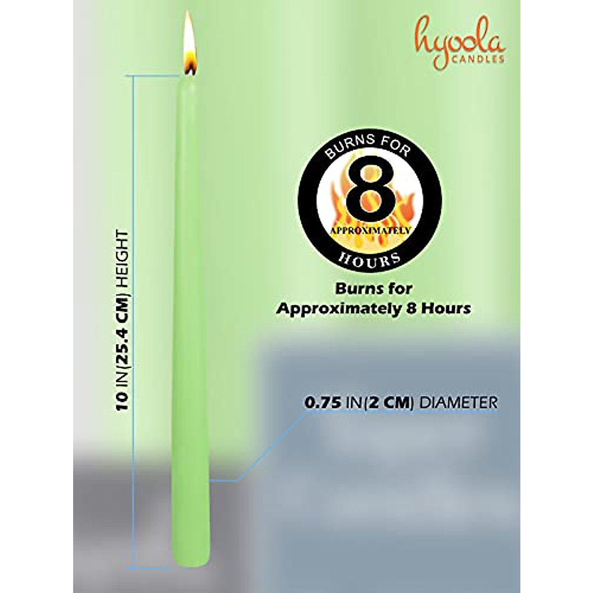 Hyoola 12 Pack Tall Taper Candles - 10 Inch Celery Green Dripless, Unscented Dinner Candle - Paraffin Wax with Cotton Wicks - 8 Hour Burn Time