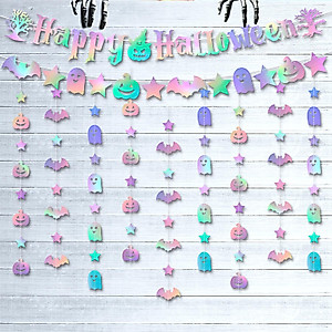 Iridescent Happy Halloween Party-Decorations Banner - 8Pcs Hanging Streamers Garland,Bat Ghost Pumpkin Ceiling Outdoor Indoor Wall Decor Party Props,Porch Room Scary Supplies Hugtmr