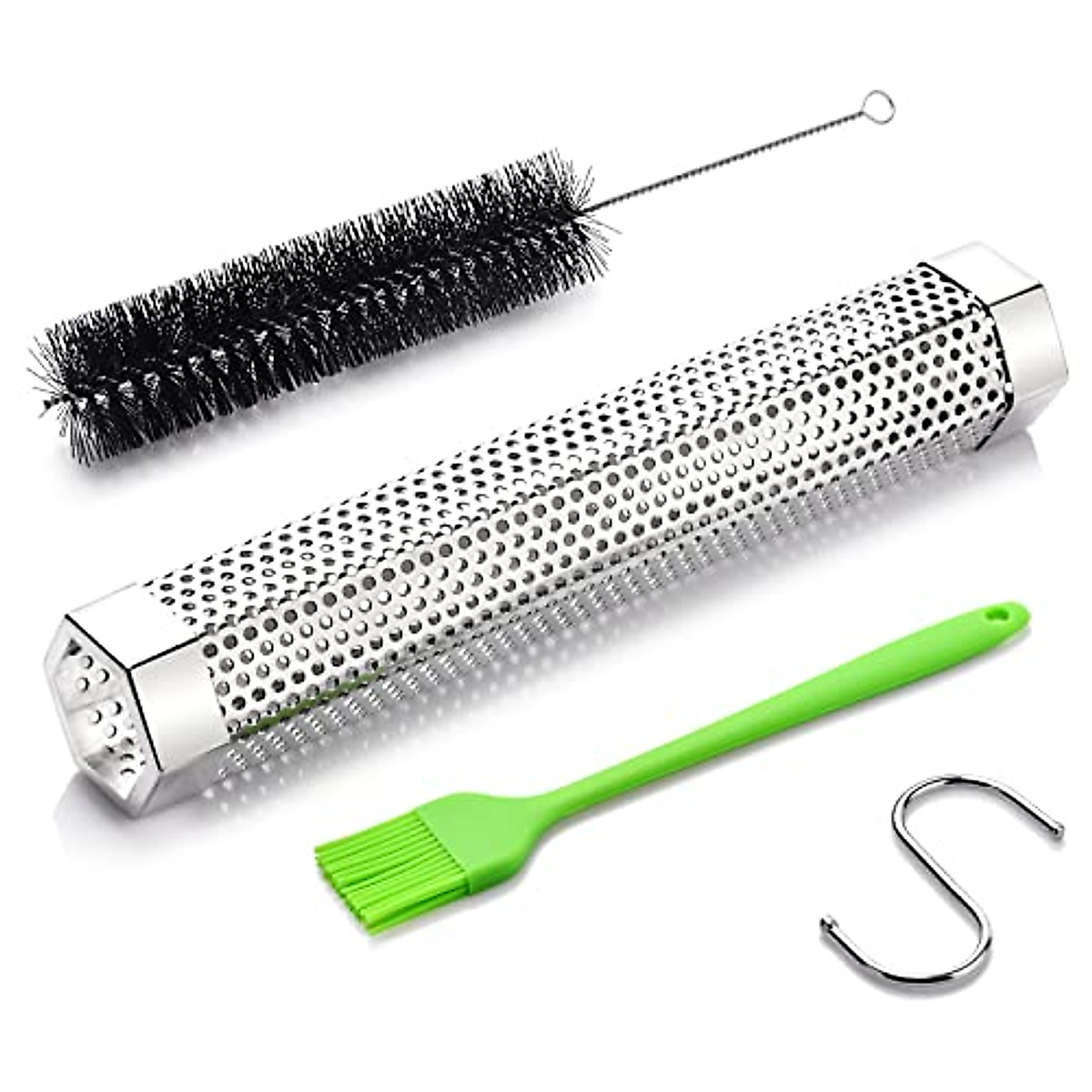 12'' Pellet Smoker Tube-304 Stainless Steel BBQ Smoker Tube with 1 Hooks and 2 Brushes for Cold/Hot Smoking 5 Hours of Billowing Smoke, for All grill or smoker