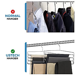 USTECH 4 Tier Swing Arm Pants Hanger | Space Saving Clothing Hangers with Foam Padding and Removable Arms | Alloy Steel Construction for Durability | Hook with Capped Ends for Added Safety | Pack of 2