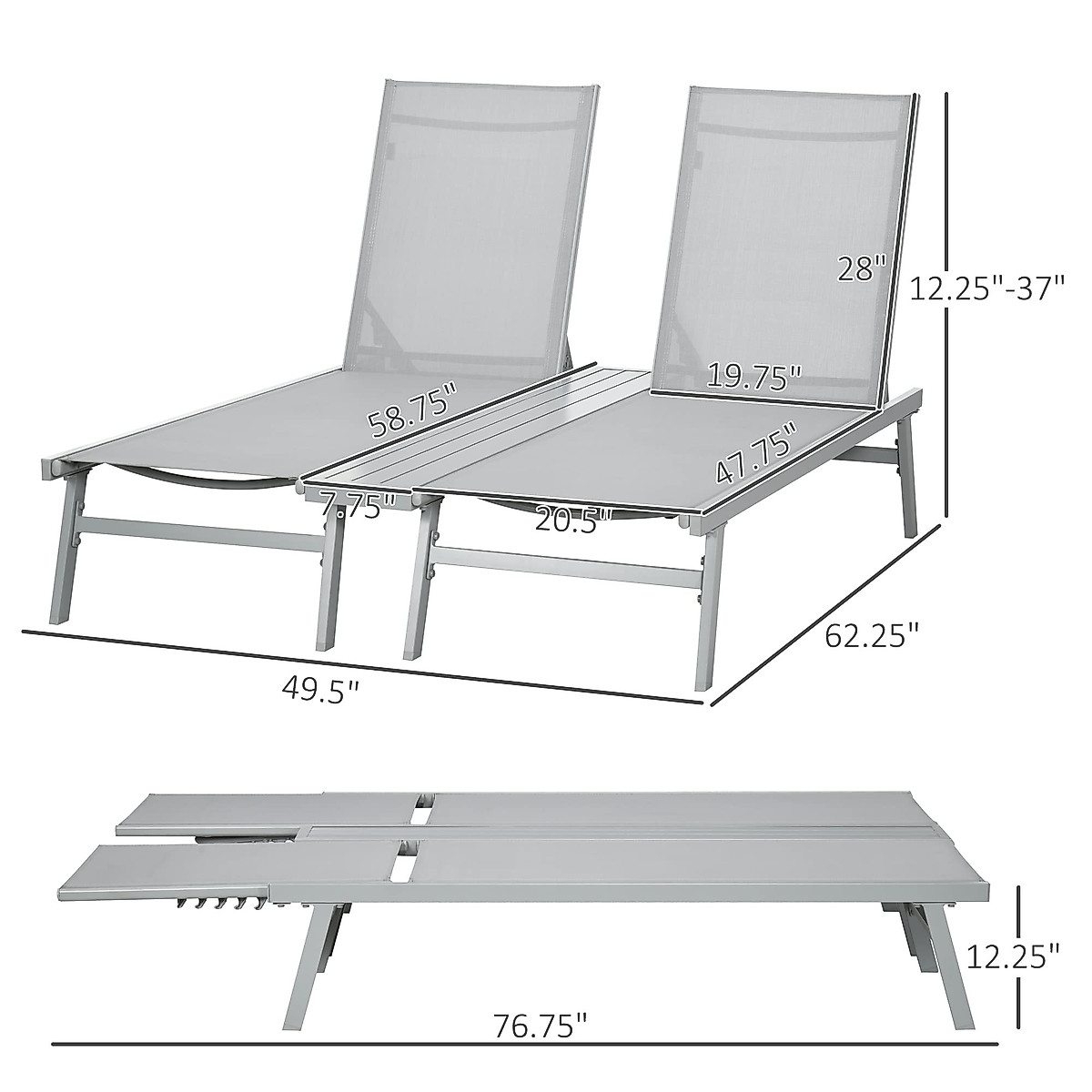 Outsunny Chaise Lounge Pool Chairs Set of 2, Aluminum Outdoor Sun Tanning Chairs with Five-Position Reclining Back, Shelf & Breathable Mesh for Beach, Yard, Patio, Light Gray