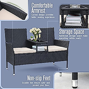 Devoko Outdoor Patio Loveseat Modern Rattan Patio Conversation Furniture Set with Cushions & Built-in Coffee Table Porch Furniture for Garden Lawn Backyard (Beige)