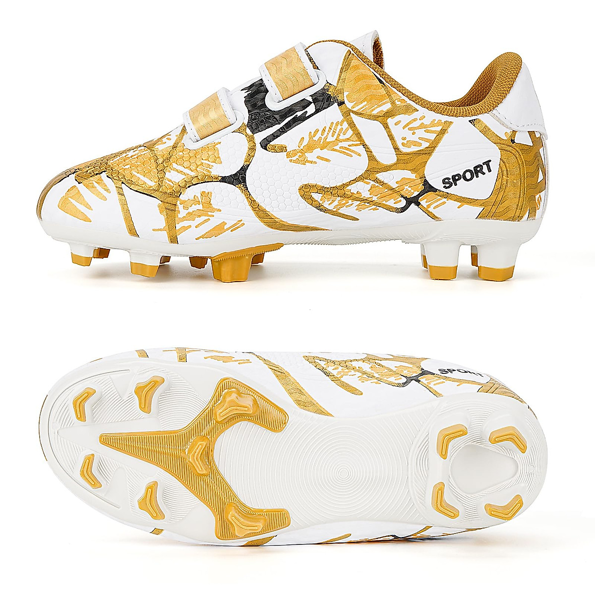 Linkidea Kids FG Soccer Shoes No Laces, Laceless Firm Ground Soccer Cleats for Unisex-Child, Kids Lace Less Soccer Shoes for Grass Field (Gold/White)