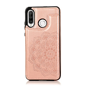 Asuwish Compatible with Huawei P30 Lite Case and Tempered Glass Screen Protector Cell Accessories Card Holder Slot Stand Kickstand Flip Wallet Phone Covers for Hawaii P30Lite P 30 30Lite 30P Rose Gold