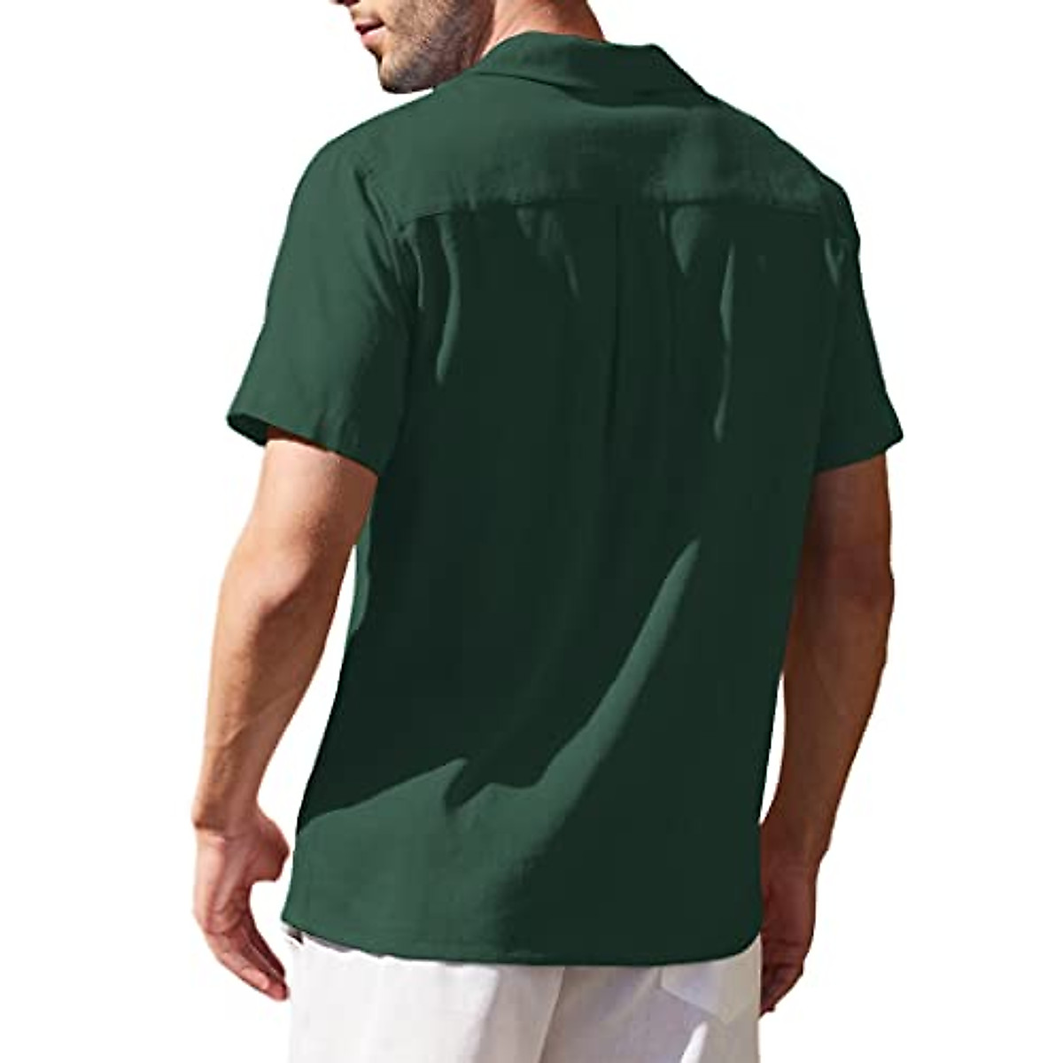 COOFANDY Men's Cuban Guayabera Shirt Linen Short Sleeve Button Down Summer Shirt A - Dark Green
