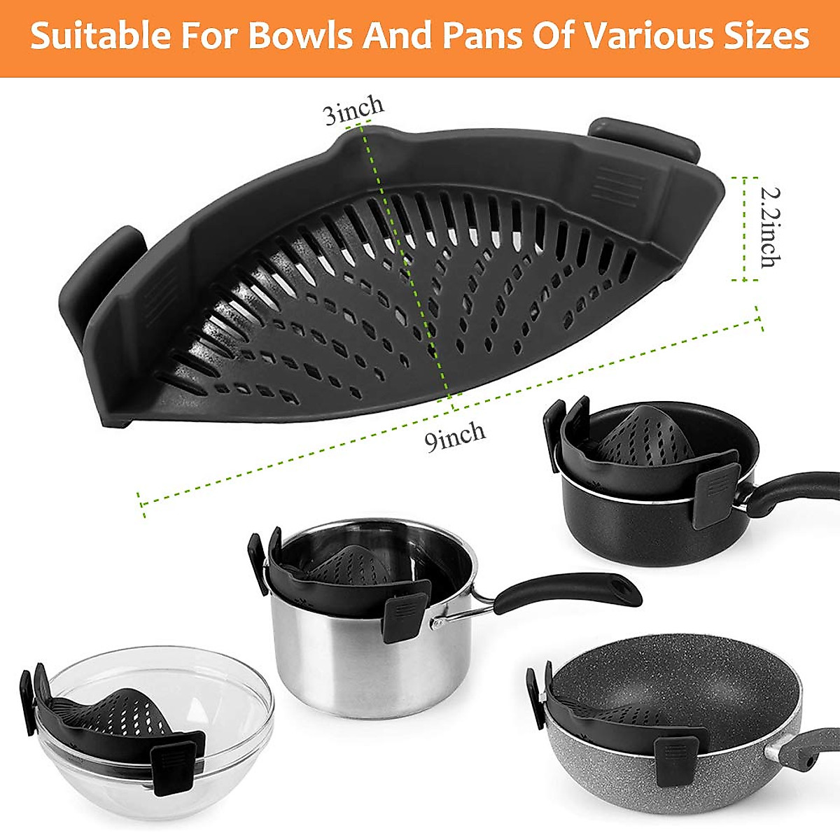 YEVIOR Clip on Strainer for Pots Pan Pasta Strainer, Silicone Food Strainer Hands-Free Pan Strainer, Clip-on Kitchen Food Strainer for Spaghetti, Pasta, Ground Beef Fits All Bowls and Pots - Black
