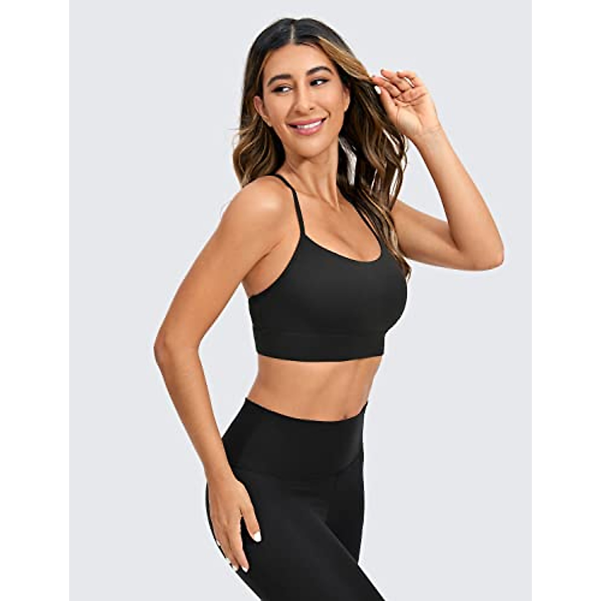 CRZ YOGA Butterluxe Womens Y-Back Racerback Sports Bra - Spaghetti Straps Wireless Scoop Neck Athletic Padded Yoga Bra Black Medium