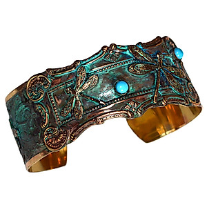 Elaine Coyne Wearable Art Patina Brass Dragonflies Cuff Bracelet - Turquoise
