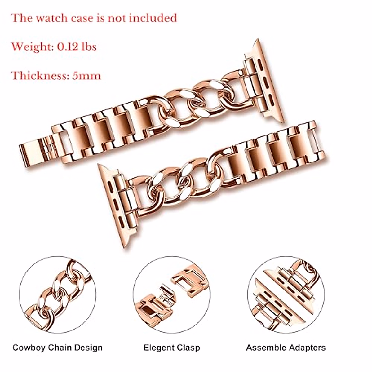 ValuEssentia Watch Band Compatible With Apple Watch for iWatch Series 8 7 6 5 4 3 SE, Fashion Chain Bracelet For Smart Watch, Cowboy Chain Style Watch Band for Women (38mm-41mm) Rose Gold