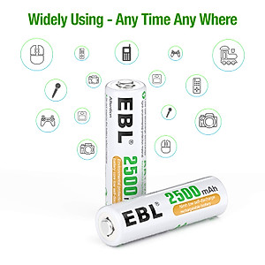 EBL AA Rechargeable Batteries 1.2V 2500mAh High Performance Pre-Charged AA Batteries - 8 Pack