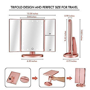 Flymiro Tri-fold Lighted Vanity Makeup Mirror with 3x/2x Magnification,21 LEDs Light and Touch Screen,180 Degree Free Rotation Countertop Cosmetic Mirror,Travel Makeup Mirror (Rose Gold)