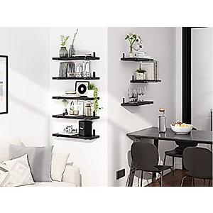 YGEOMER Floating Shelves, Wood Shelves, Long Wall Shelf, Set of 8, Rustic Wall Shelves, Wood Floating Shelf for Bedroom, Living Room, Book and Bathroom (Black)