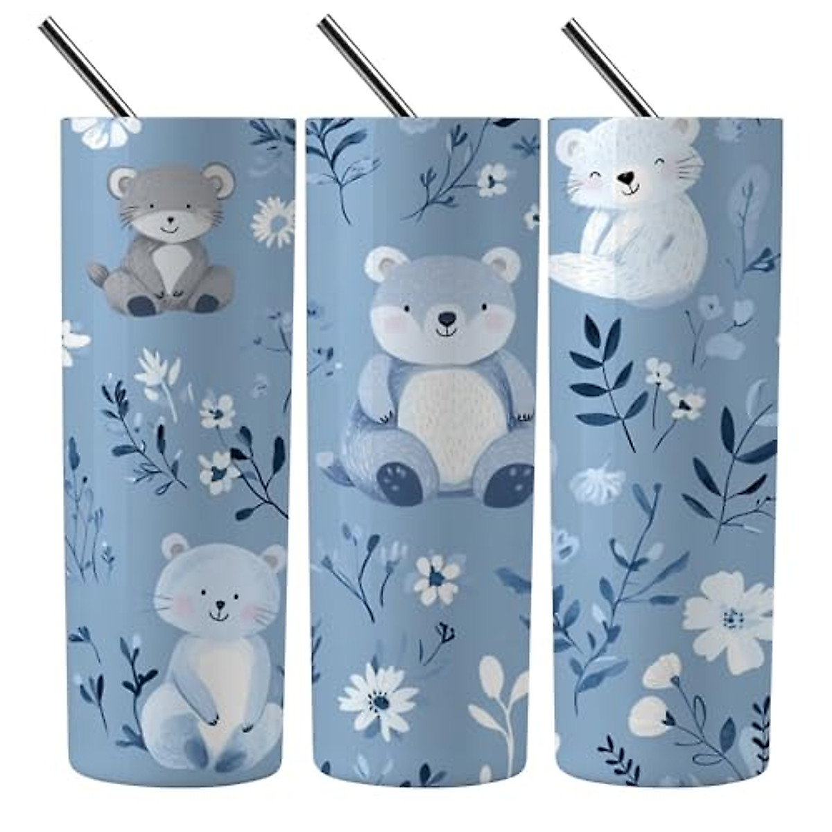 Tumbler with Lid and Straw Cartoon Bear Flowers and Plants thermos coffee travel mugcute cups 20 oz insulated tumbler for Daily Holiday Decor Gift coffee cup