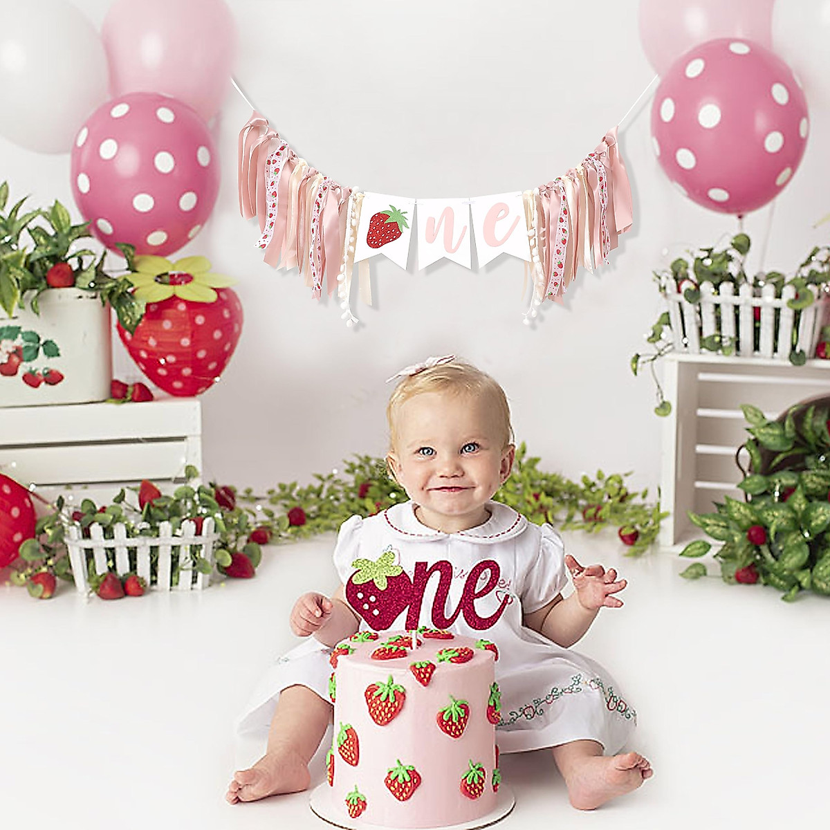 Berry Strawberry Theme High Chair Banner - Sweet First Birthday Banner, Smash Cake Photo Prop, 1st Birthday Photo Backdrop Decorations,Birthday Souvenir and Gifts for Kids, Best Strawberry Birthday