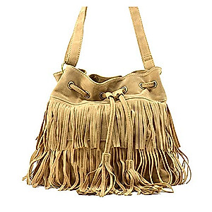 Heidi Women's Fringed Bucket Purse Tassel Faux Suede Shoulder Bag Ring Top-Handle Crossbody Bag Apricot