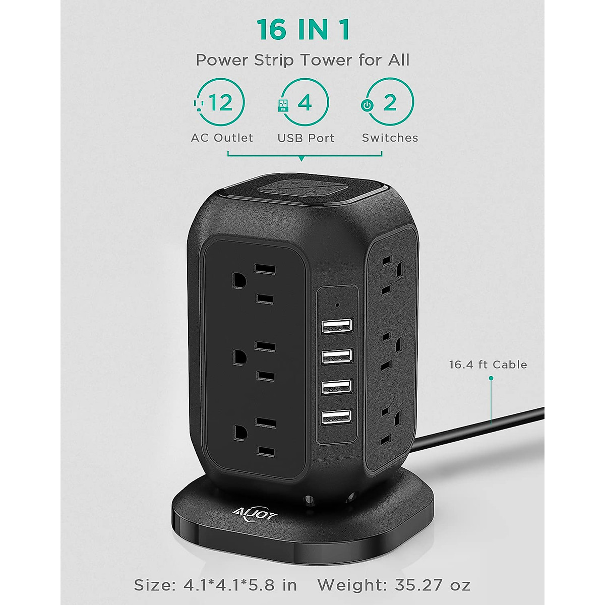 AiJoy Power Strip Tower 16.4 ft Cord & Power Strip with USB C Ports, USB Charging Station with Overload Protection, Living Room, Office, College Dorm