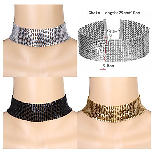 Tpocean 3 Pcs Women's Gold and Black Thick Rhinestone Metal Sequins Choker Necklace Set for Girls
