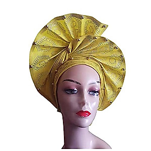 Gold Auto Gele Already Made Headtie African ASO Oke Nigeria for Wedding Women Bonnet Head Wraps - 1piece by MSB Fabric Color 1390