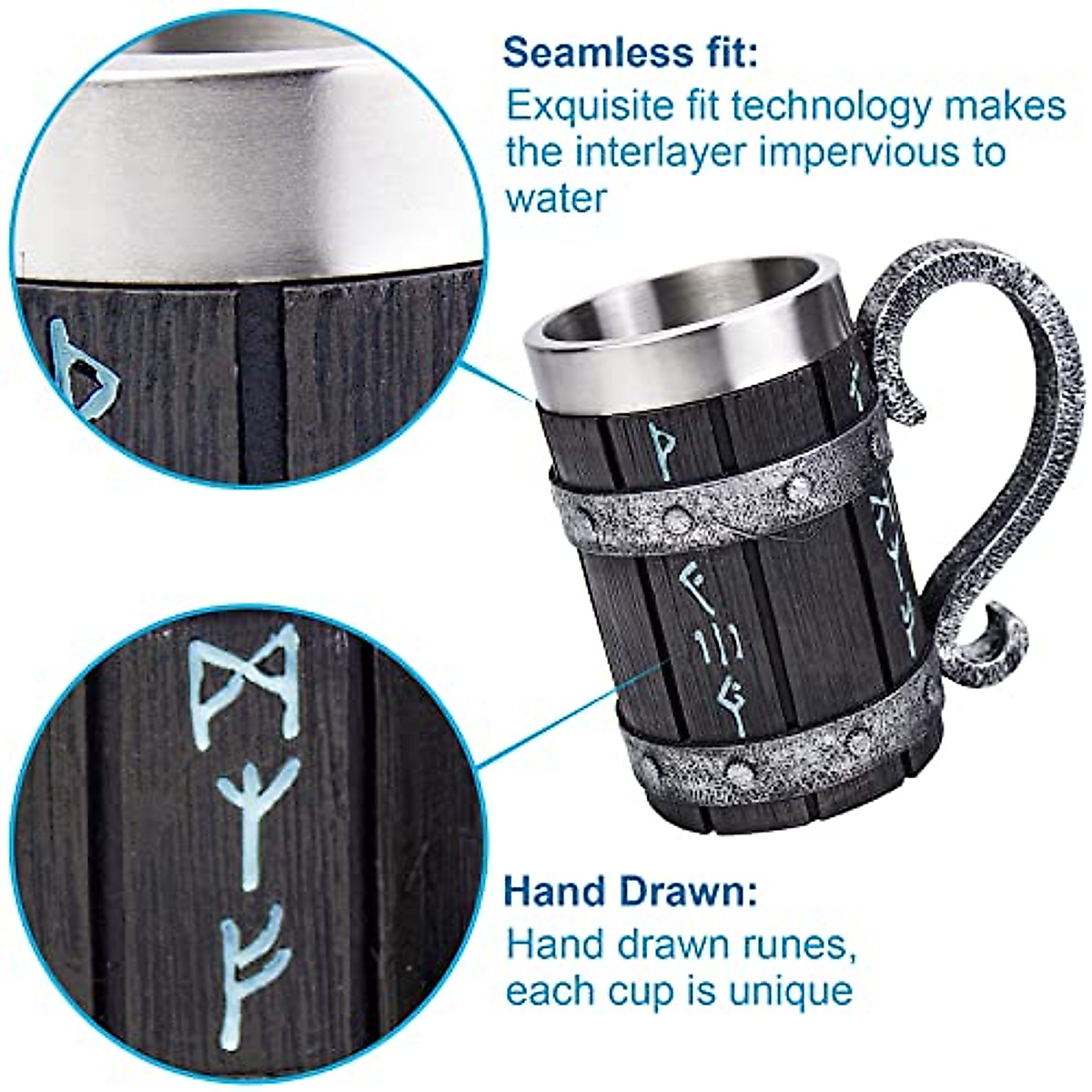 Nordic Viking Rune Mug Tankard Stainless Steel Wooden Resin 3D Norse Decor Coffee Cool Gothic Beer Tankard Stein Cup Mugs 20oz