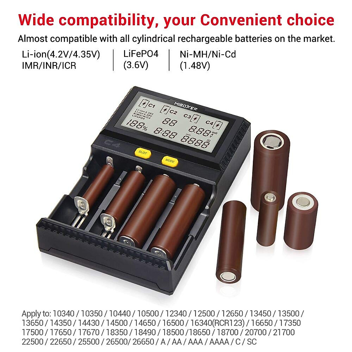 MiBOXER 18650 Battery Charger, Smart Universal 4-Bay Charger, Automatic LCD Display,Fast Charging Rechargeable Li-ion LiFePO4 Ni-MH Ni-Cd AA AAA C 18350 18500 18700 20700 21700 26650 RCR123