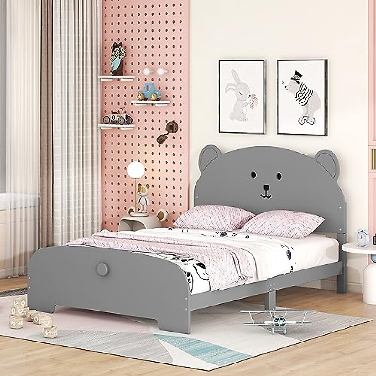 Quarte Cute Full Size Platform Bed with Bear-Shaped Headboard and Footboard, Wooden Bed Frame for Bedroom,No Box Spring Required (Gray/Bear*W)