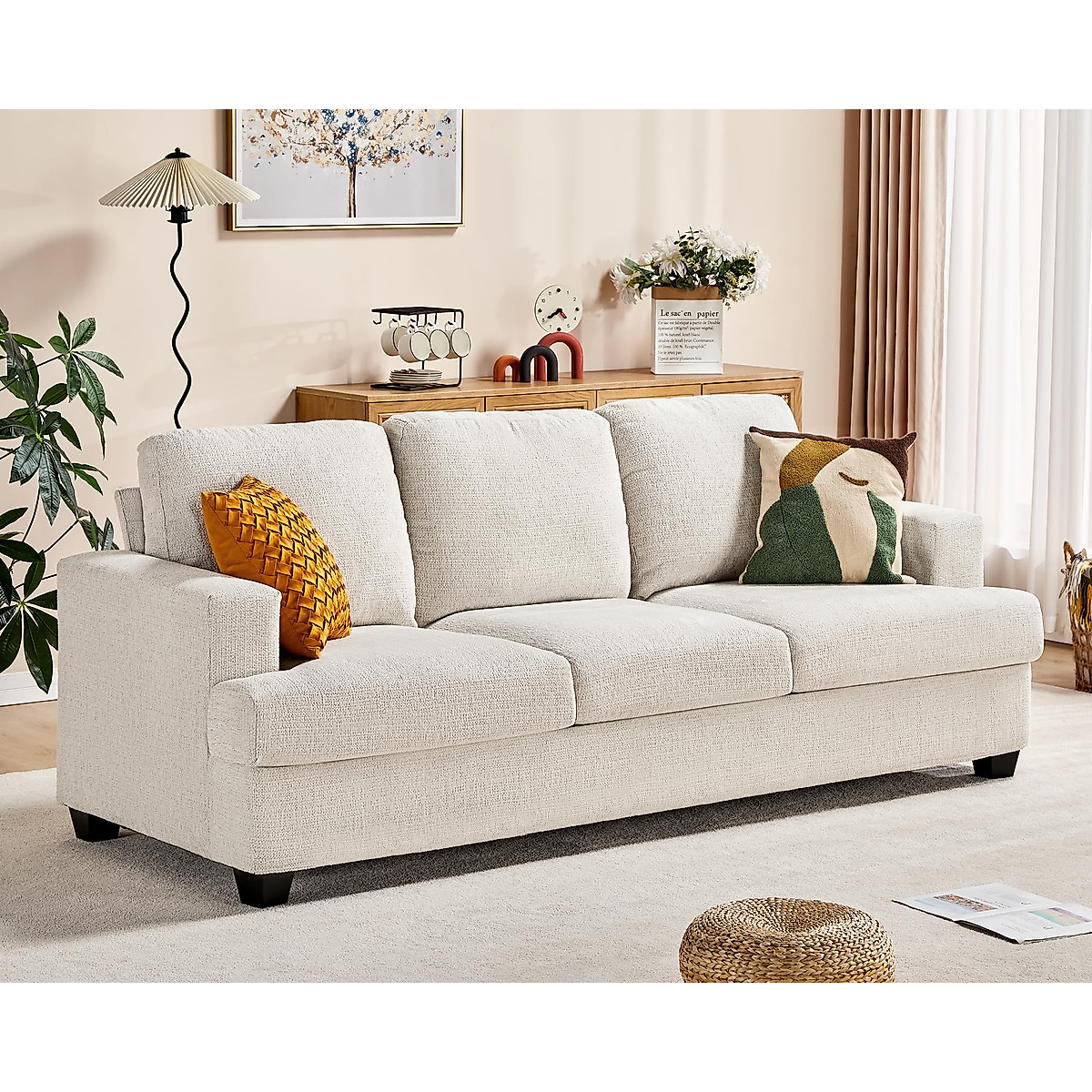 papababe Sofa, 3 Seater Modern Couches with Extra Deep Seats, 89 Inch Wide Comfy Couches for Living Room, Bedroom and Office (Chenille, Beige)