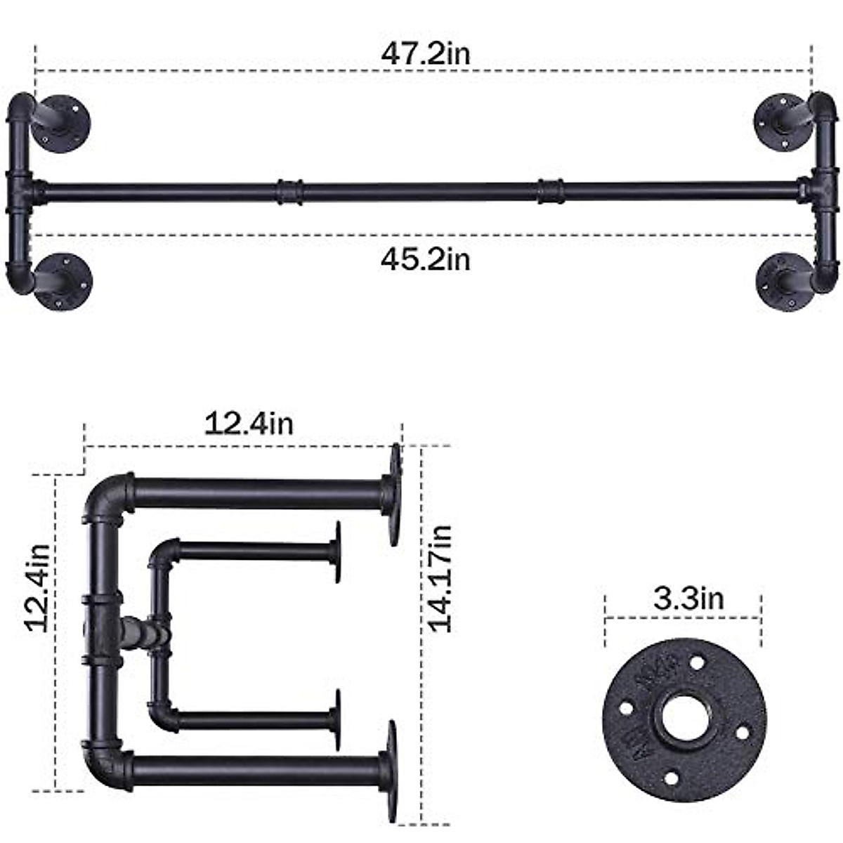 Clothes Rack Industrial Pipe Rack Wall Mounted Heavy Duty Black Iron Garment Rack Space-Saving Iron Garment Rack Multi-Purpose Hanging Rod Bar for Laundry Room Retail Display Clothes Rod for Closet Easy Assembly for Small Space 47.2 x 12.2 x 10.2 Inches ,