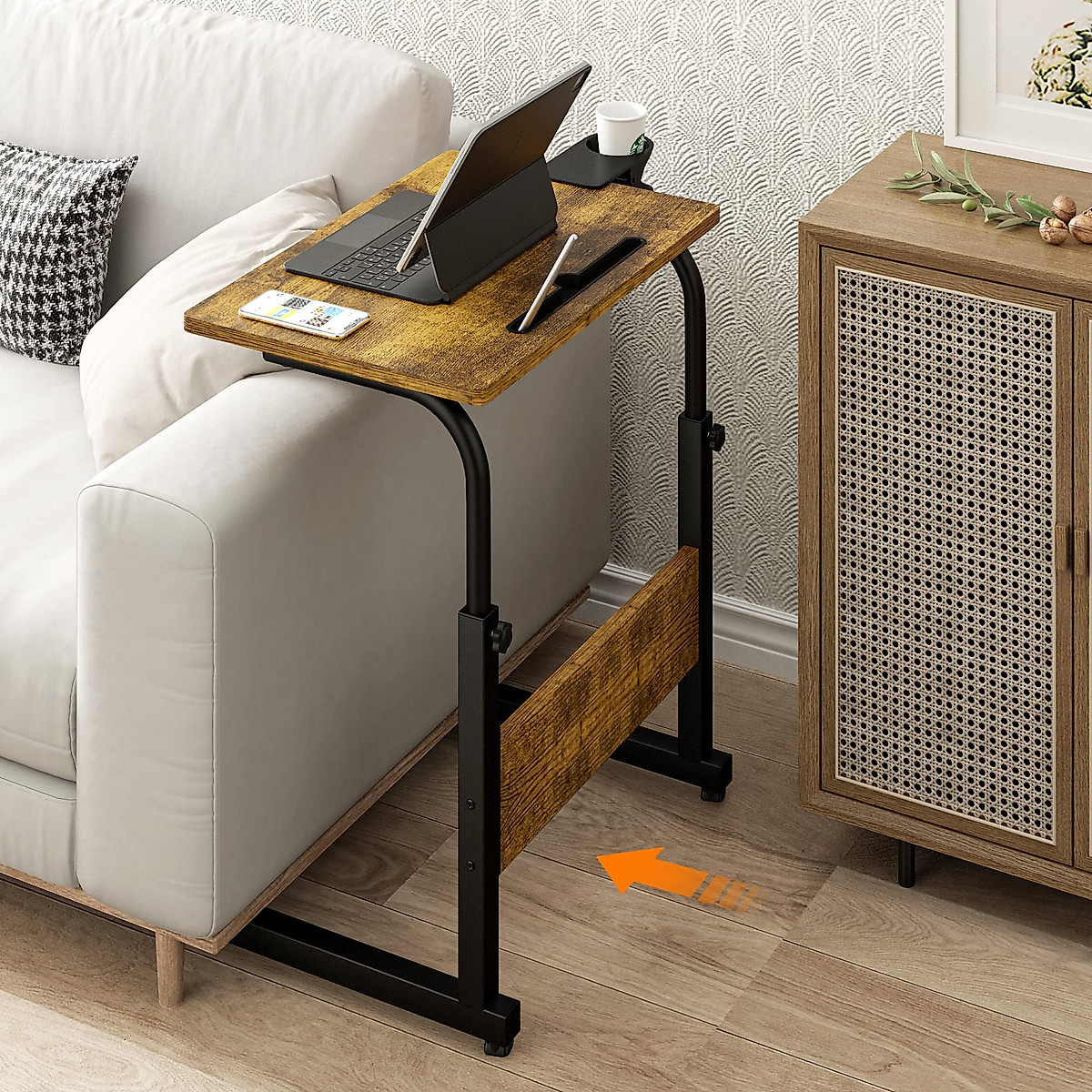 Klvied Mobile Standing Desk, Rolling Desk with Cup Holder, Portable Laptop CouchTable, Small Computer Desk, Bedside Table, Mobile Laptop Stand, Work Desk for Home Office, Walnut