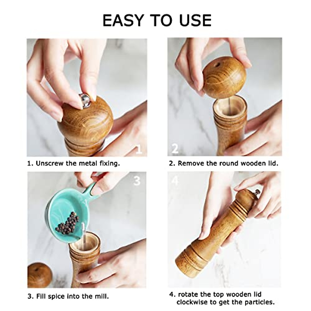 Wooden Pepper Grinder Pepper Mill, Coarseness Adjustable Peppermill, Refillable Salt Mill, Ceramic Grinding Mechanism - 8inch Tall